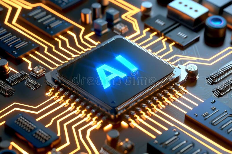 AI Microchip on a High Tech Circuit Board, Representing Advanced ...