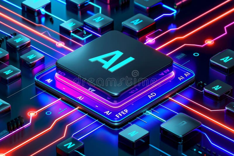 AI Microchip with Neon Glow on Circuit Board, Advanced Digital ...