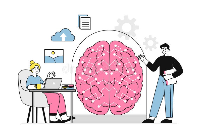 AI Model Concept. Man and Woman Study Structure of Brain. Modern ...
