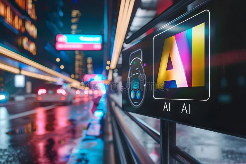 AI Neon Sign in Vibrant Urban Night Scene with Digital Effects Stock ...