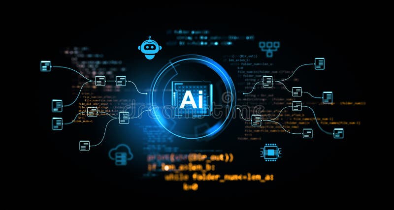 AI Network Visualization with Digital Icons and Code on Background ...