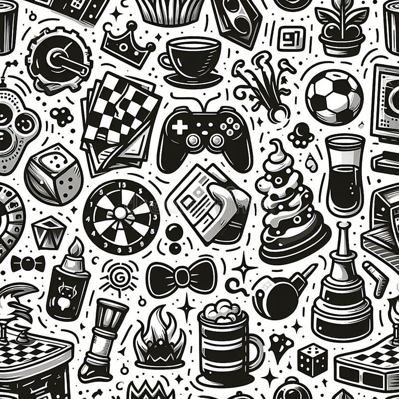 Ai Night Gaming Black and White Pattern Doodle Style Stock Illustration ...