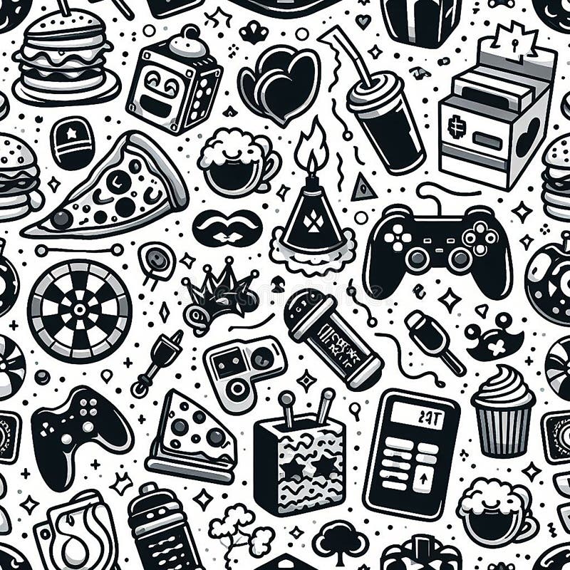 Ai Night Gaming Black and White Pattern Doodle Style Stock Illustration ...