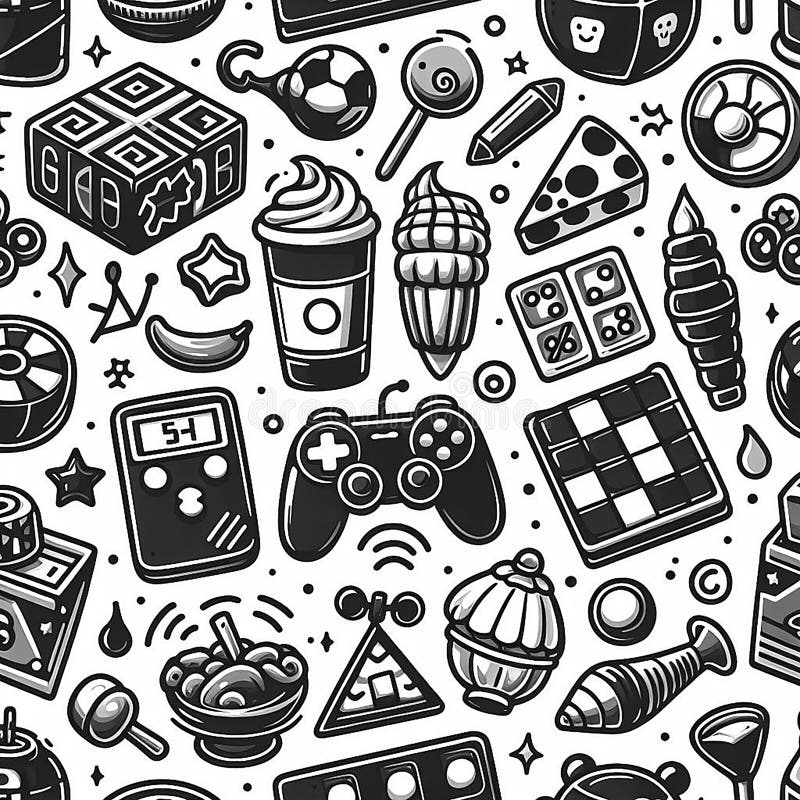 Ai Night Gaming Black and White Pattern Doodle Style Stock Illustration ...