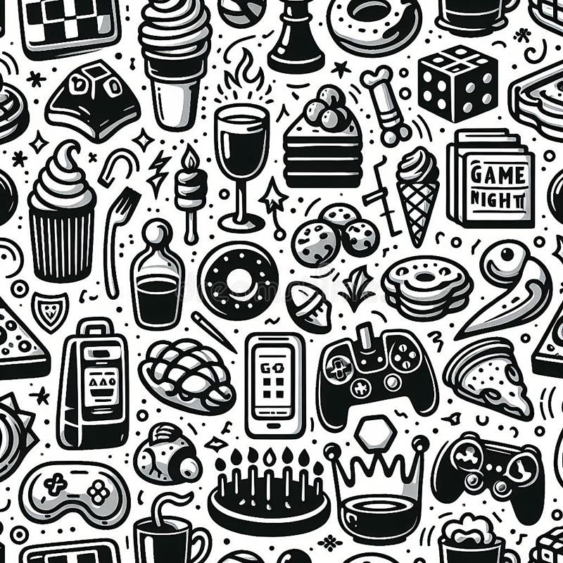 Ai Night Gaming Black and White Pattern Doodle Style Stock Illustration ...