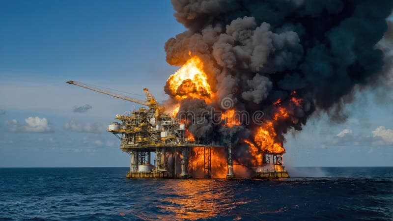 Ai Oil Platform Burning in the Middle of the Sea Stock Illustration ...