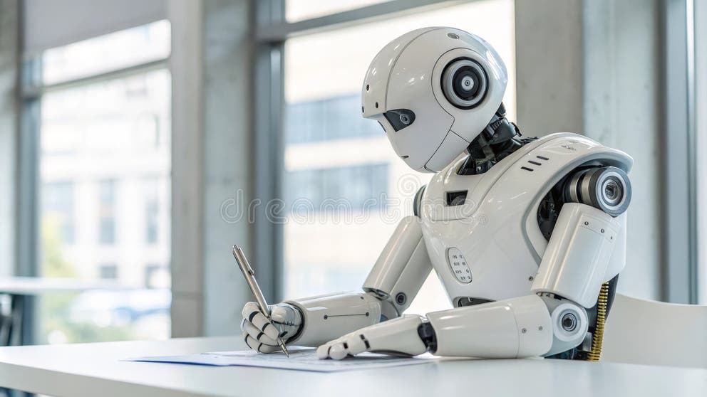 AI Perspective Robot Signing Document - White Robot, Office Setting ...