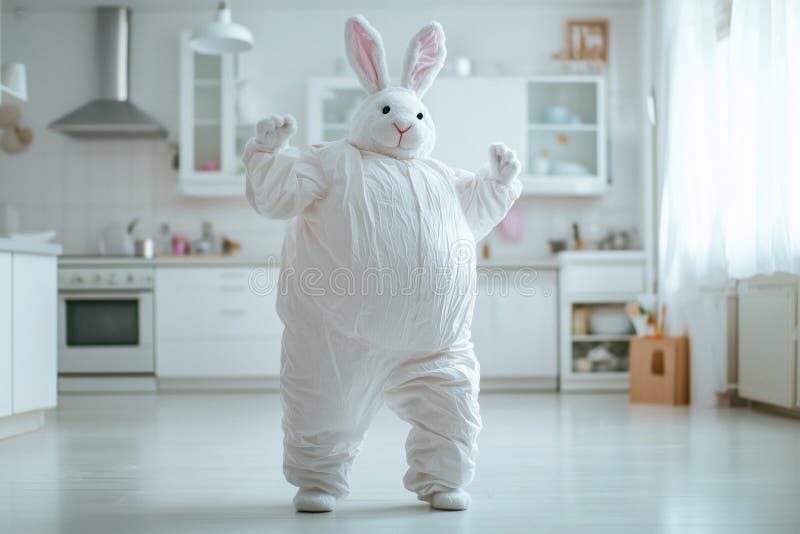 Plus Sized Person in Easter Bunny Costume Dancing at Home Stock ...