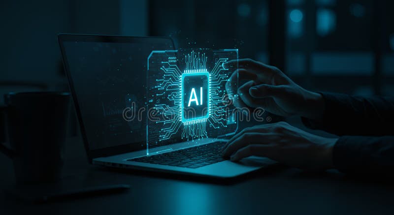 AI Power: Innovation & Technology. Person Using Laptop with Artificial ...