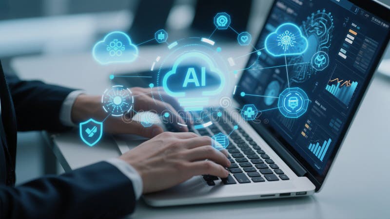 AI-Powered Business: Woman Working on Laptop with Holographic Interface ...