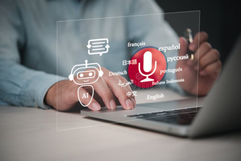 AI-powered Chatbot Interface with Multilingual Speech Recognition Icons. Ideal for Software ...