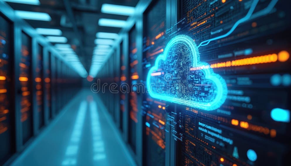 AI-powered Cloud Platforms Optimize Business Operations. Data Center with Cloud Computing Data ...