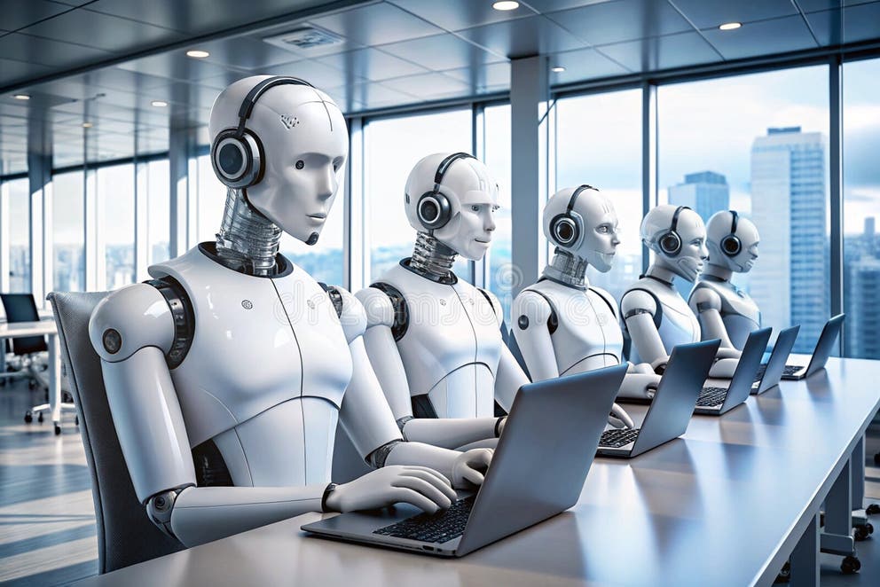 AI-Powered Customer Service: Humanoid Robots Working in a Call Center Stock Illustration ...