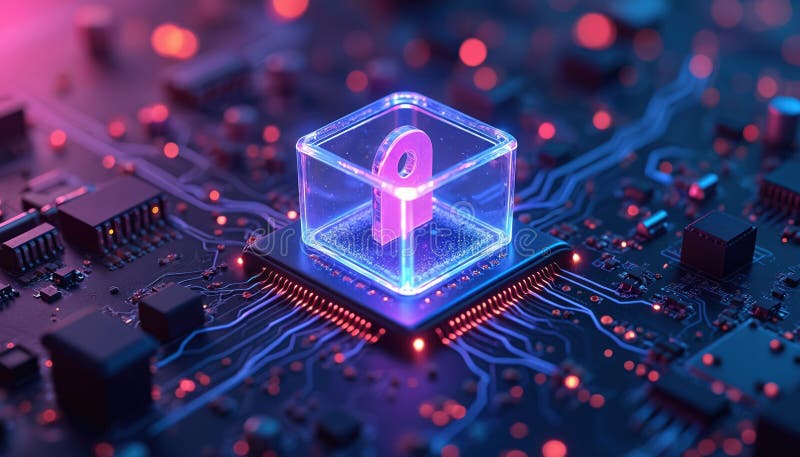 AI-powered Cybersecurity Concept. Digital Lock Inside Glass Cube on ...