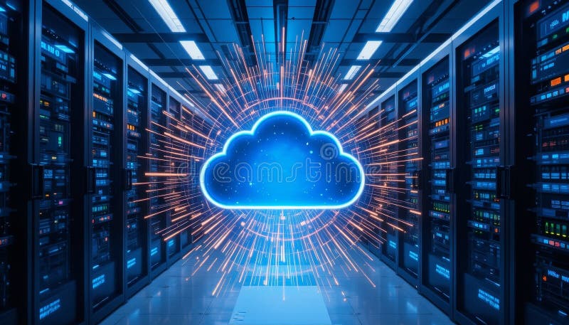 AI-powered Data Center Featuring Radiant Cloud Service Emblem. Stock Photo - Image of networking ...