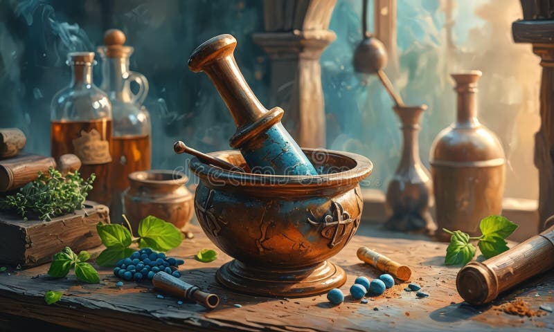 Mortar and Mortars on Table Stock Illustration - Illustration of ...