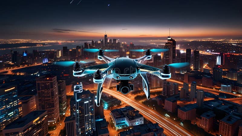 AI-powered Drone Flying Over a City with Glowing Trails Stock ...