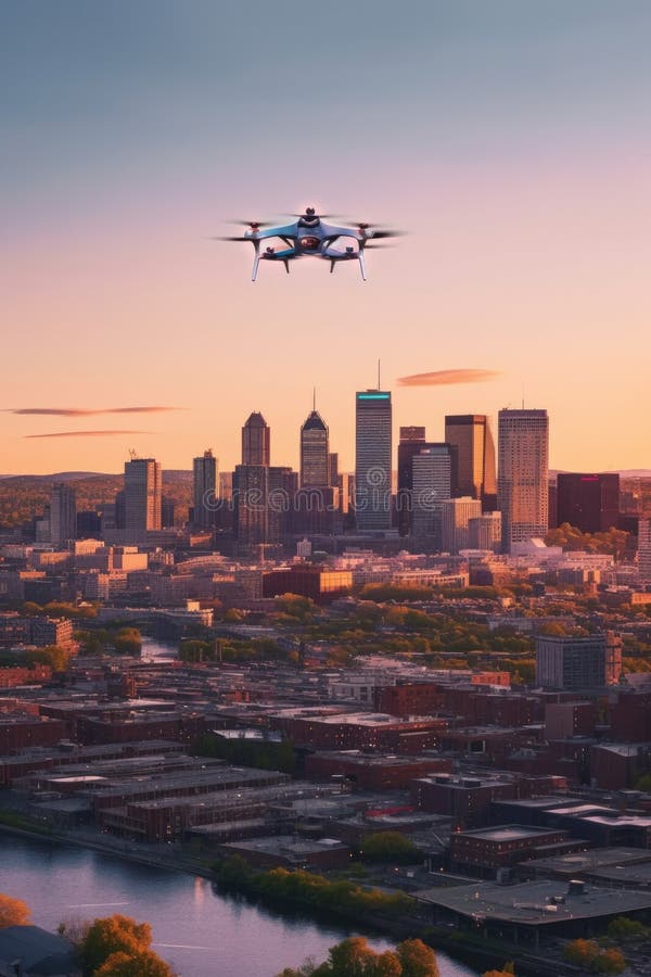 Ai-powered Drone Flying Over City Skyline Stock Illustration ...