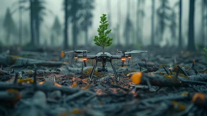 An AI-powered Drone Planting Trees in a Deforested Stock Illustration ...