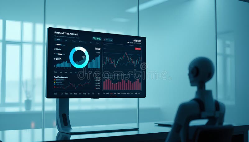 An AI-powered Financial Assistant Displaying Real-time Stock Analytics on a Sleek Transparent ...