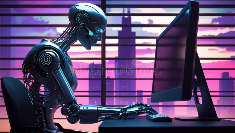 AI-Powered Future â€ High-Tech Robot Using a Computer at Night Stock ...