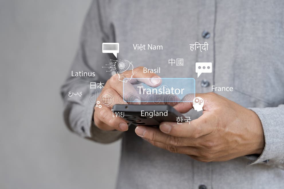 AI-Powered Language Translate App Concept. a Person Holds Smartphone ...