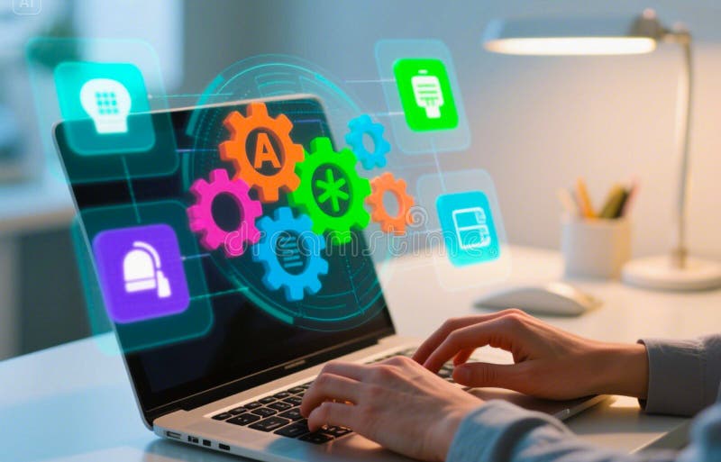 AI Powered Laptop with Futuristic Interface and User Interaction Stock ...