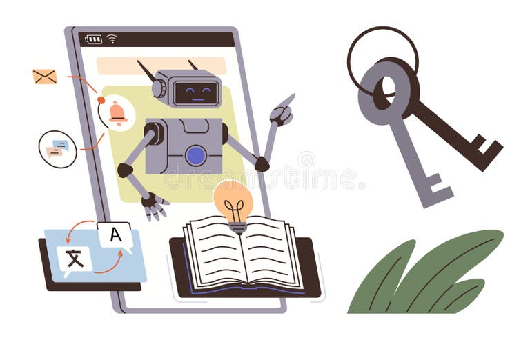 AI-powered Learning App Robot Assisting with Knowledge and Language Translation Tasks Stock ...