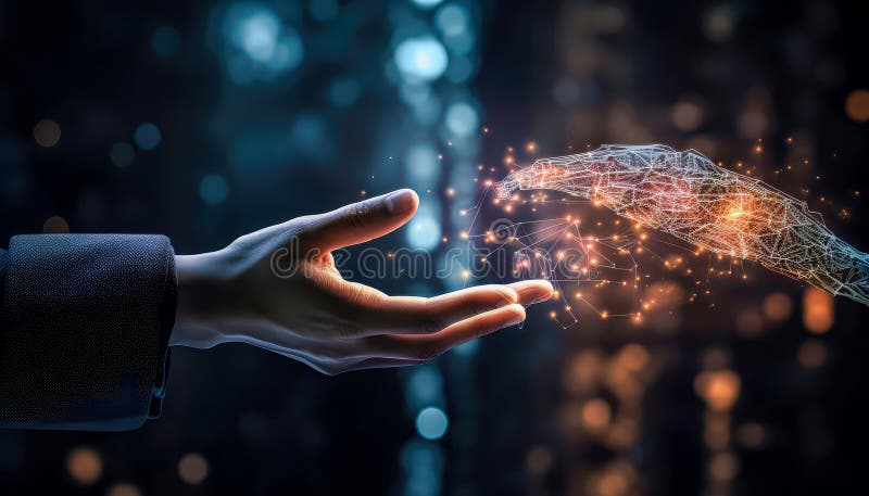 AI-powered Robot Hand Holds Human Hand, Symbolizing the Collaboration ... AI-powered Robot Hand Holds Human Hand, Symbolizing the Collaboration ...