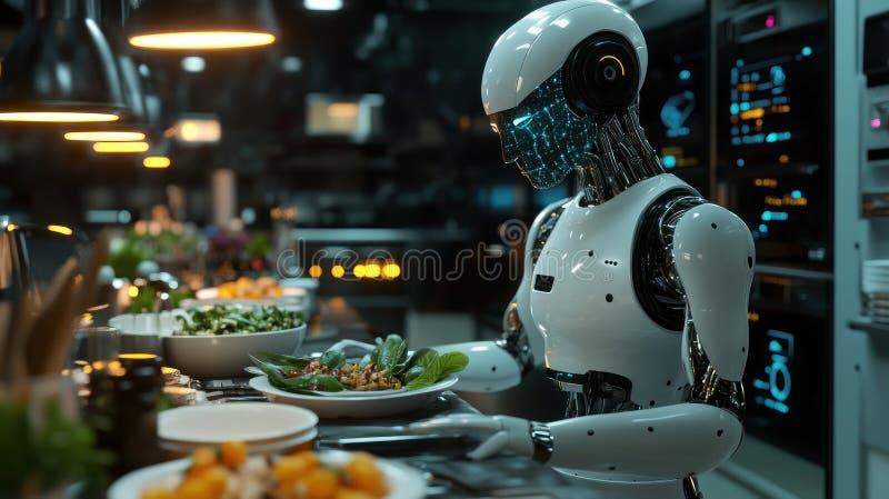 AI-Powered Robotic Chef Preparing Gourmet Meal in Futuristic Kitchen ...