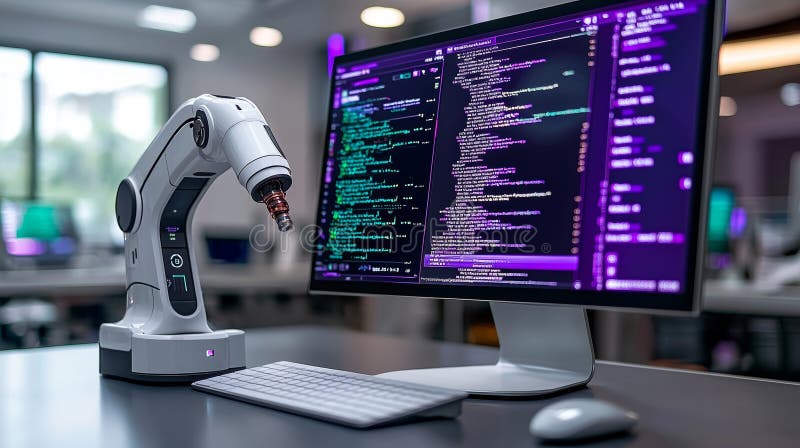AIPowered Robotic Device at Modern Desk Setup Stock Illustration - Illustration of software ...