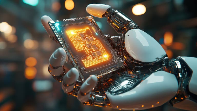 AI-Powered Robotic Hand Holding a Microchip Concept Stock Image - Image ...