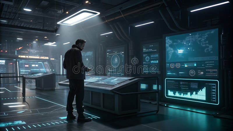 AI-Powered Search Interface in Futuristic Workspace Stock Illustration ...