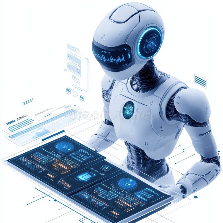 AI -Powered Security Analytics: Robotic Intelligence Analyzing Data on Tablet Screen for ...