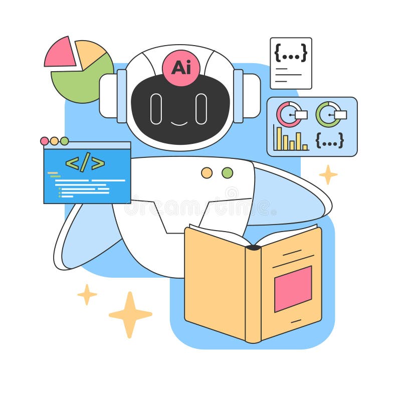 AI-powered Virtual Assistant Analyses Data and Codes. Flat Vector Illustration. Stock ...
