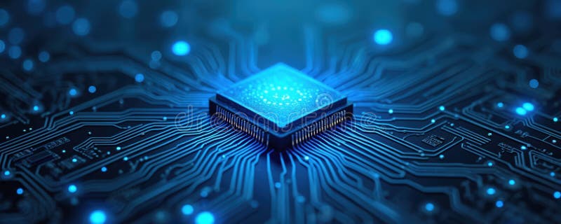 AI Processor Chip on Blue Tech Circuit Board Background. Computer Technology Electronic Digital ...