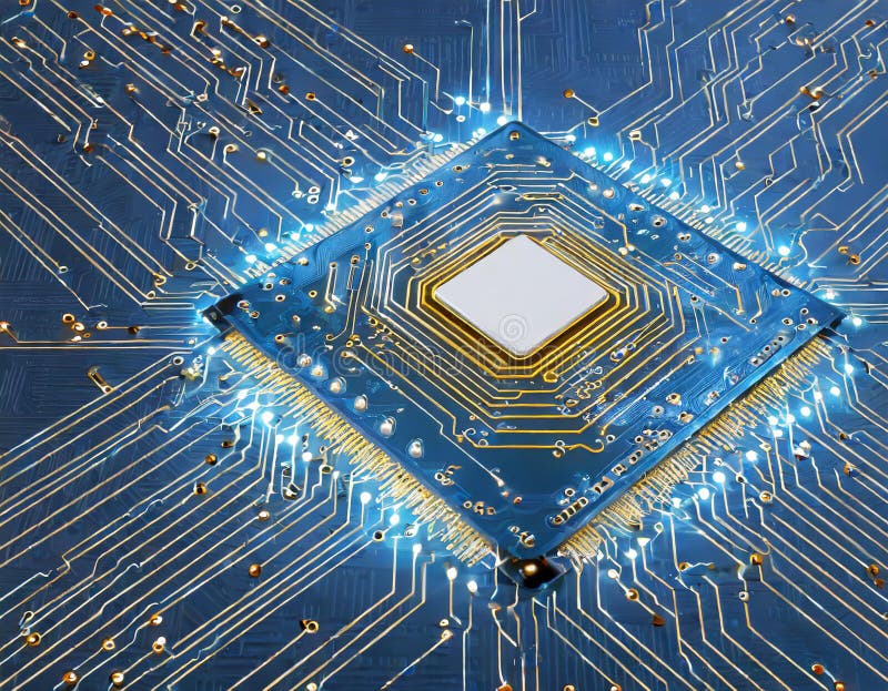 AI Processor Chipset with Glowing Connections on a Blue Circuit Board ...