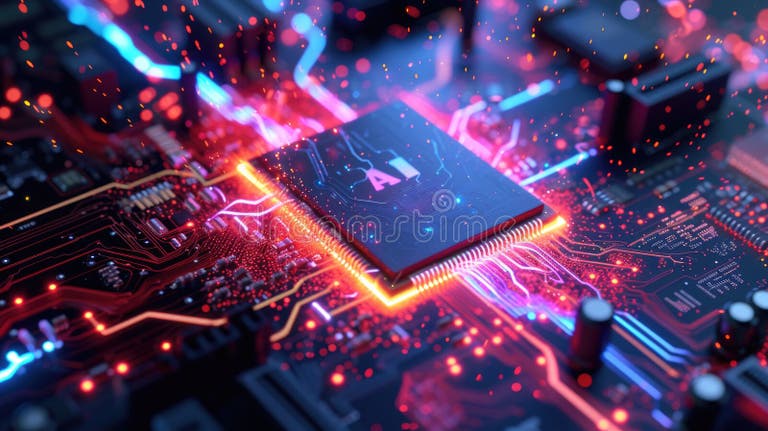 AI Processor and Microchips on Circuit Board, Power CPU Chips. Core of ...