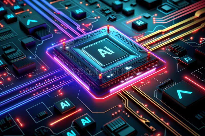 AI Processor on a Neon Lit Circuit Board, Representing Advanced ...