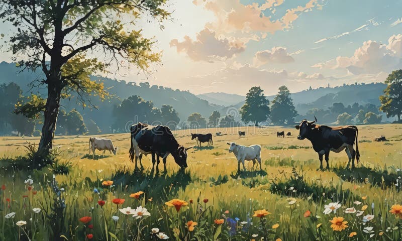Painting Cows Grazing in Field Stock Illustration - Illustration of ...