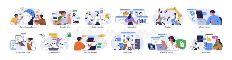 AI Professions Set. Artificial Intelligence Workers, Machine Learning ...