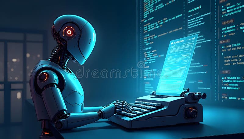 AI Programmer: a Futuristic Robot Coding on a Vintage Typewriter Stock Illustration ...