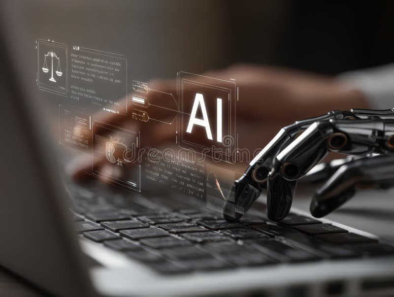 AI and Regulations Concept. Hand Typing on Laptop with Digital Icons ...