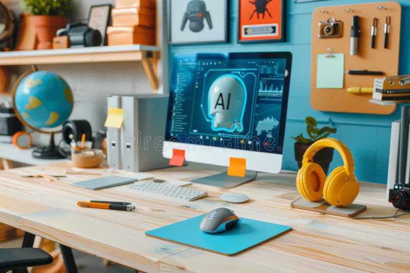 AI Research Station with Interactive Tablet Displaying Neural Networks ...