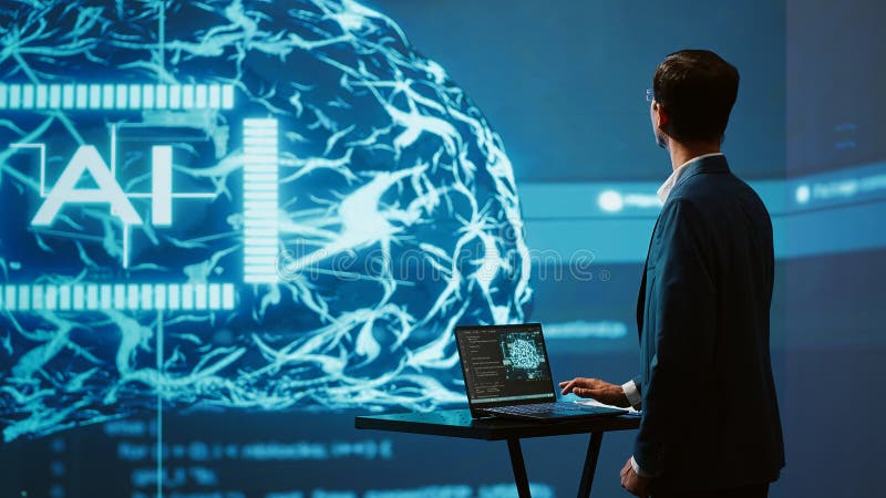 AI Researcher in Futuristic Workspace Using Artificial Intelligence ...