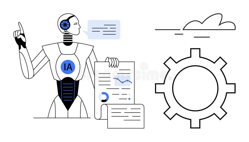 AI Robot Analyzing Data Charts with Cloud and Gear Mechanism Illustrating Technology Concepts ...