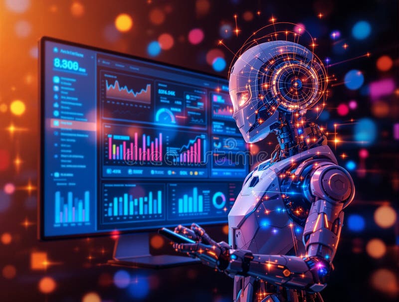 AI Robot Analyzing Data on Computer Screen Stock Photo - Image of robot, computer: 398636594