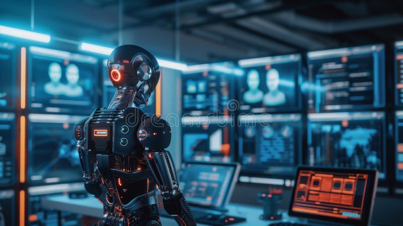 An Ai Robot Is Analyzing Data In A Futuristic Control Center With Advanced Robotics Stock Image