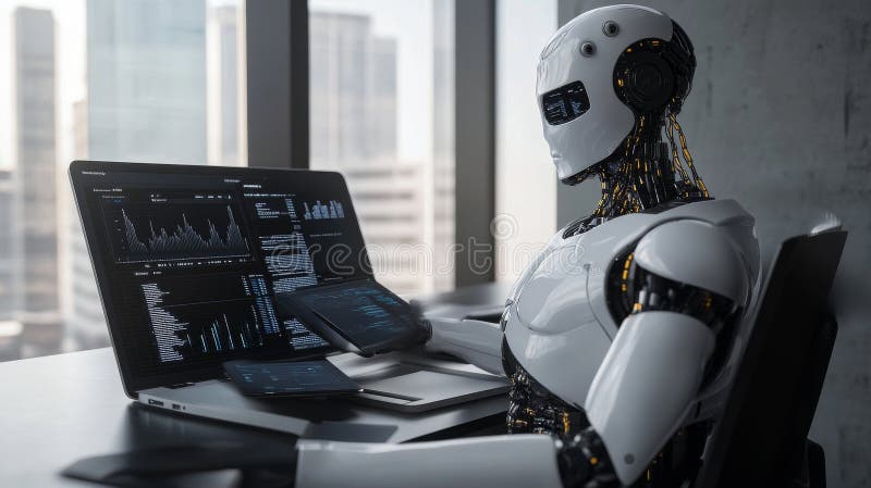 AI Robot Analyzing Data on Multiple Computer Screens Stock Photo - Image of futuristic ...