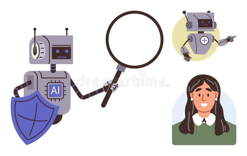 AI Robot Analyzing Data Using Magnifying Glass while Protecting User Identity with Shield Stock ...